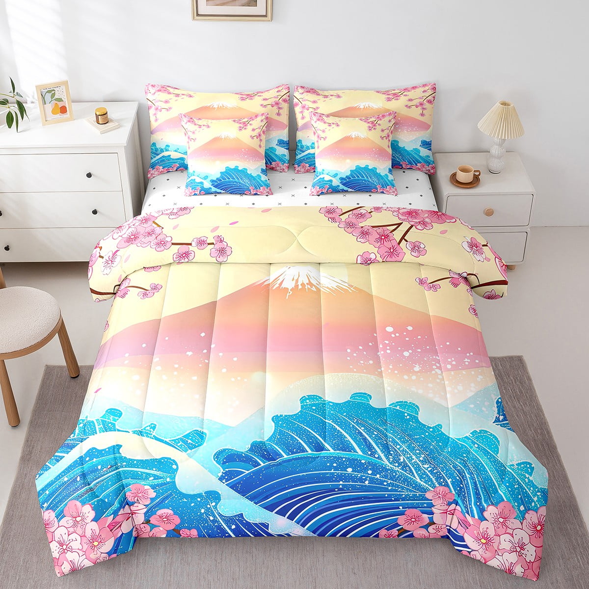 Pink Cherry Blossom Reversible Bed in a Bag King Size Comforter Set 7 ...