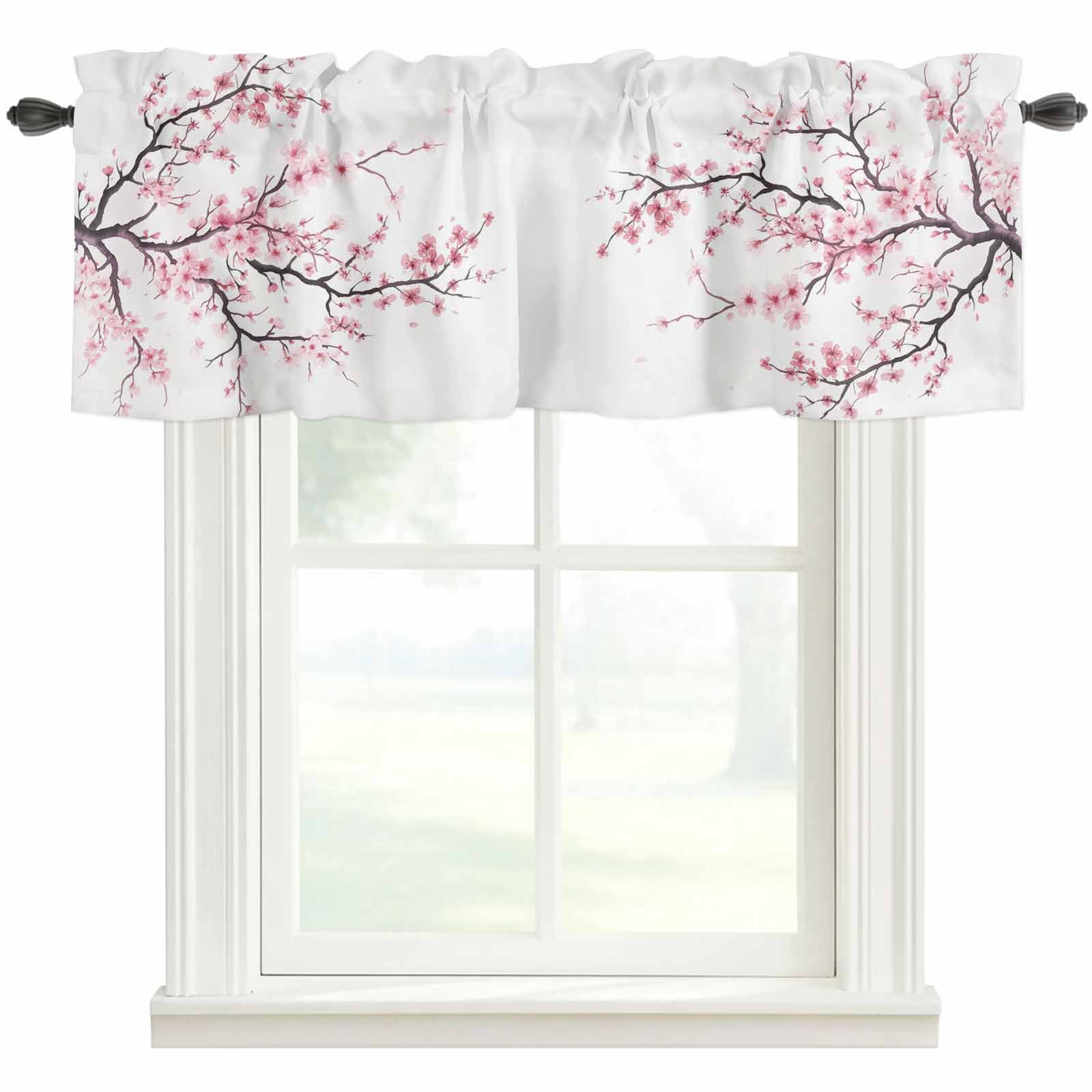 Pink Cherry Blossom Rod Pocket Curtain Valance, Spring Branches Floral ...