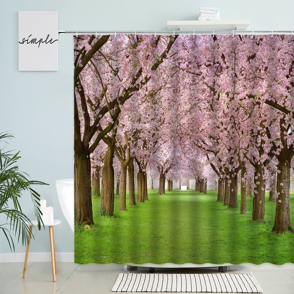 Pink Cherry Blossom Scenery Shower Curtain Park Flower Green Plant Trees Spring Natural ...