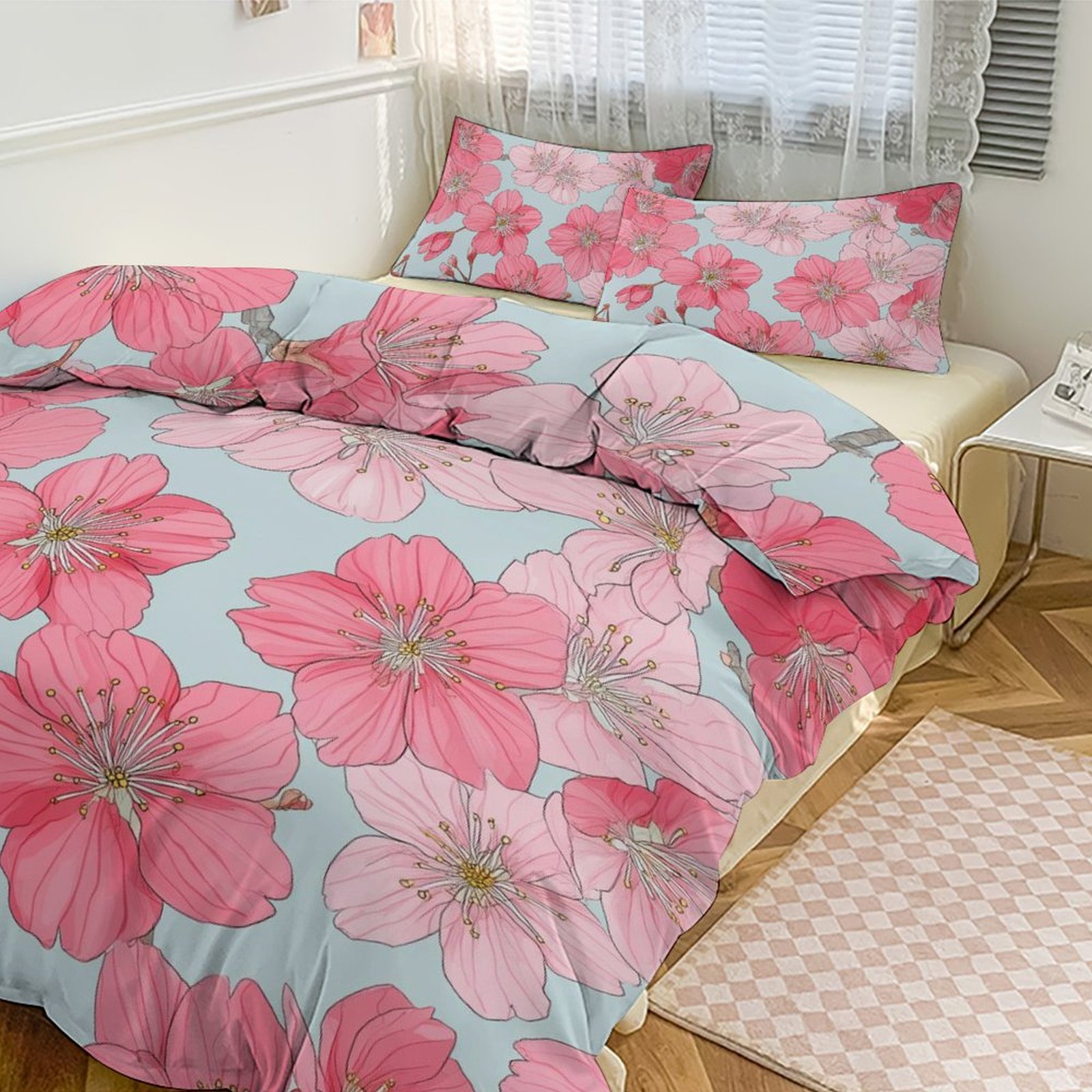 Pink Cherry Blossom Seamless Pattern Bedding Set with Zipper Closure ...