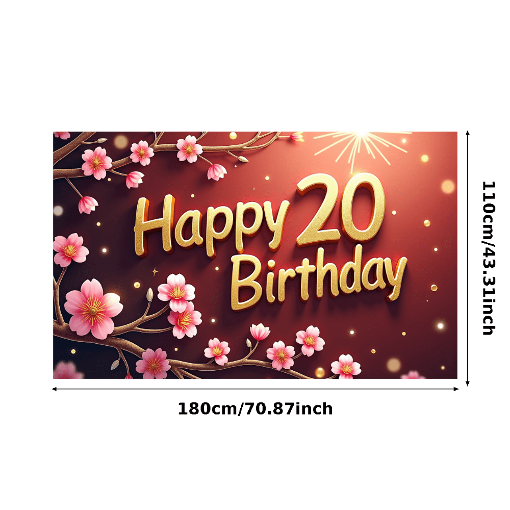 Pink Cherry Blossom Themed Happy 20 Birthday Banner Backdrop Background ...