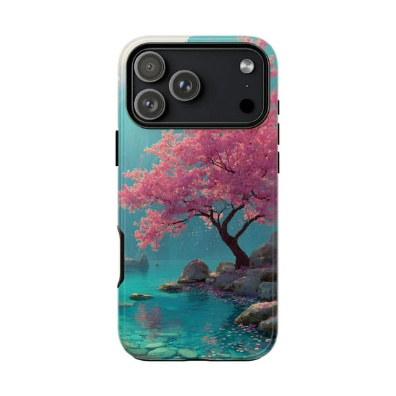 Pink Cherry Blossom Tree Reflected on Teal Lake Art Phone Case with ...