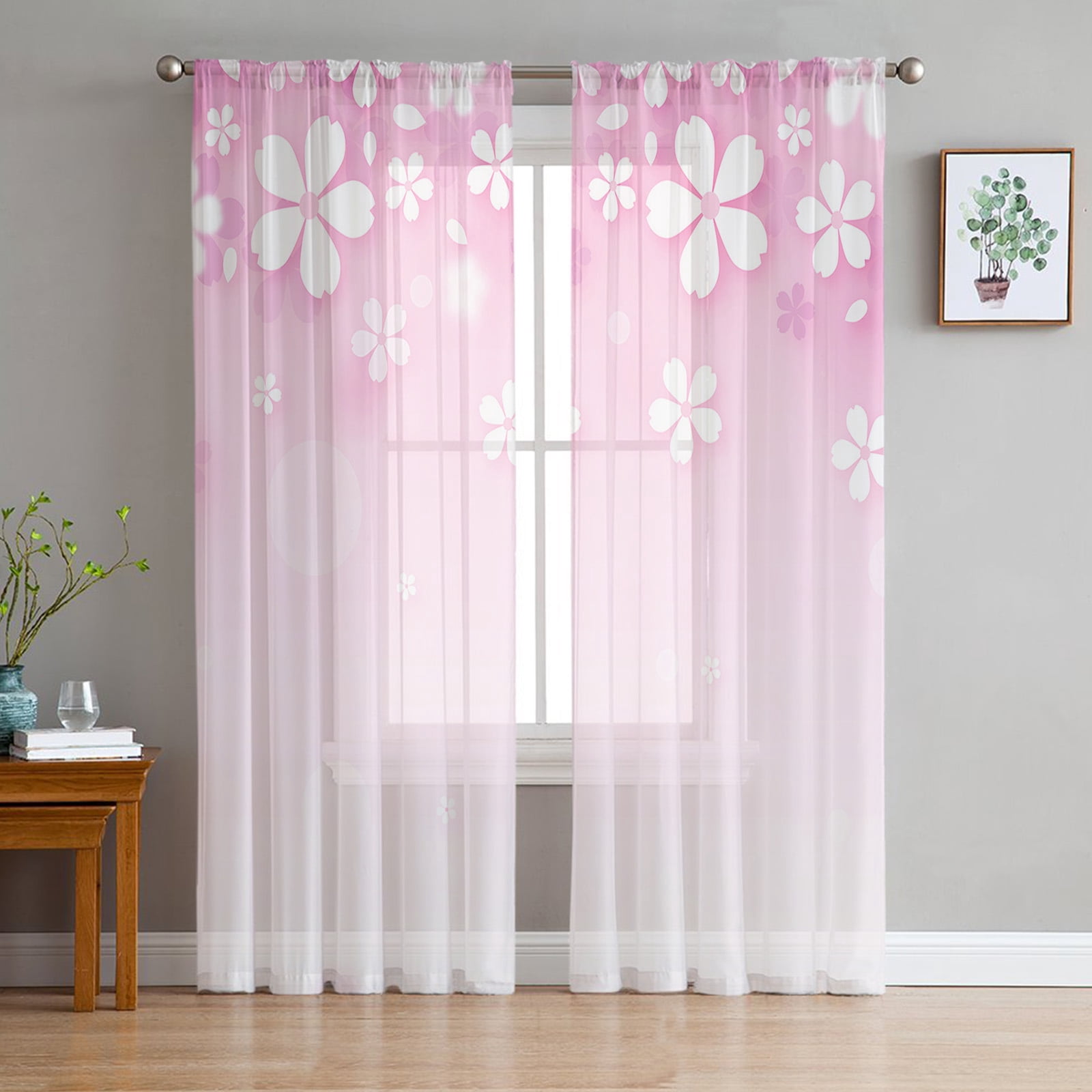 Pink Cherry Blossom Tulle Sheer Window Curtains For Living Room The ...