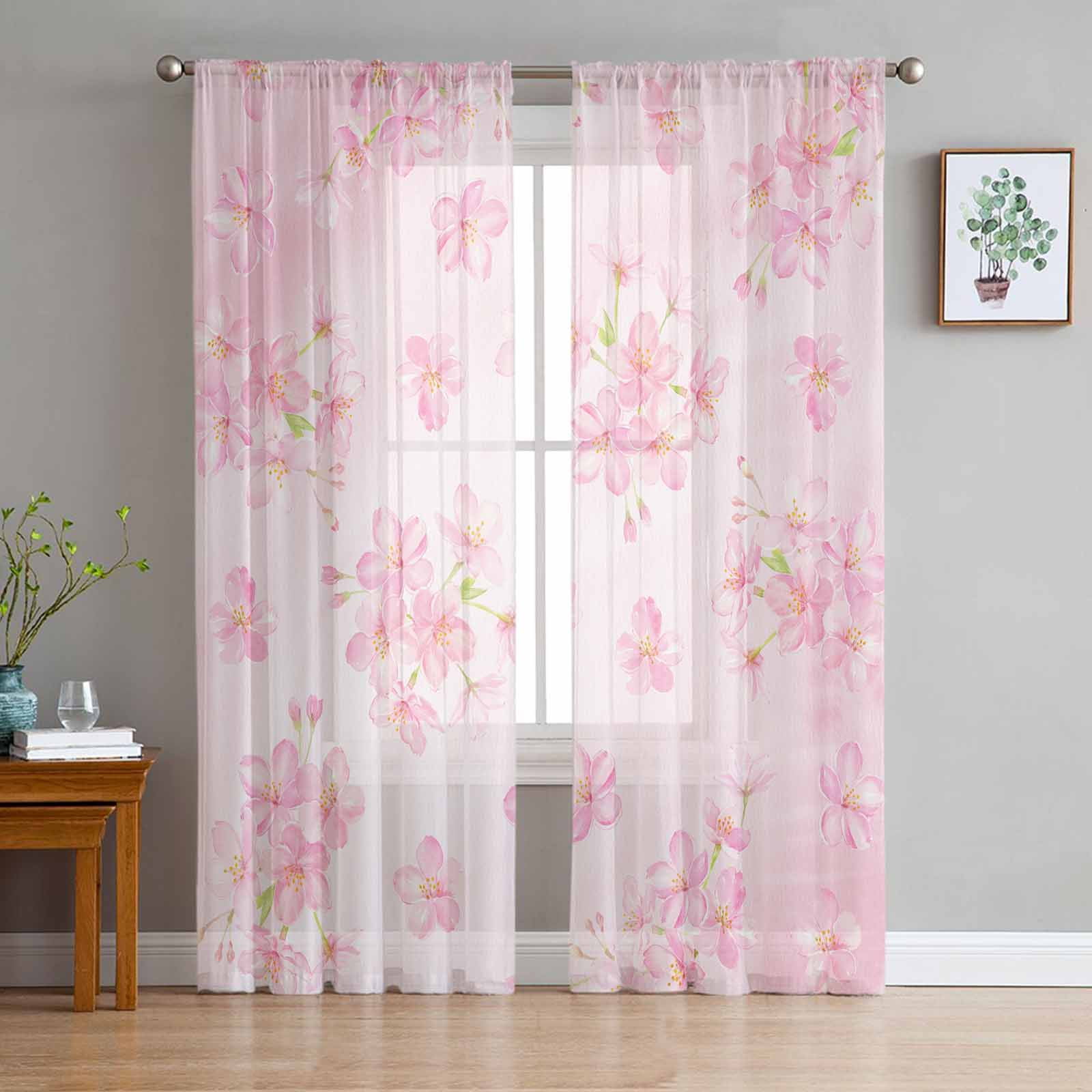 Pink Cherry Blossom Tulle Sheer Window Curtains For Living Room The ...
