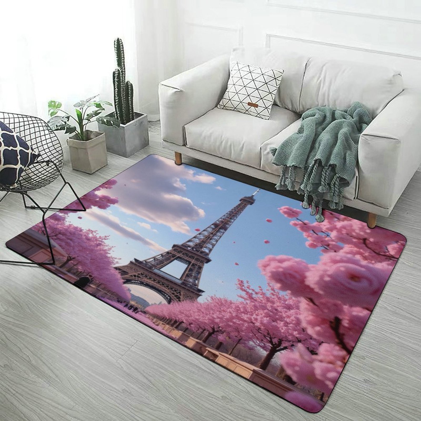 Pink Cherry Blossoms at Eiffel Tower Carpet Style Living Room Bedroom ...