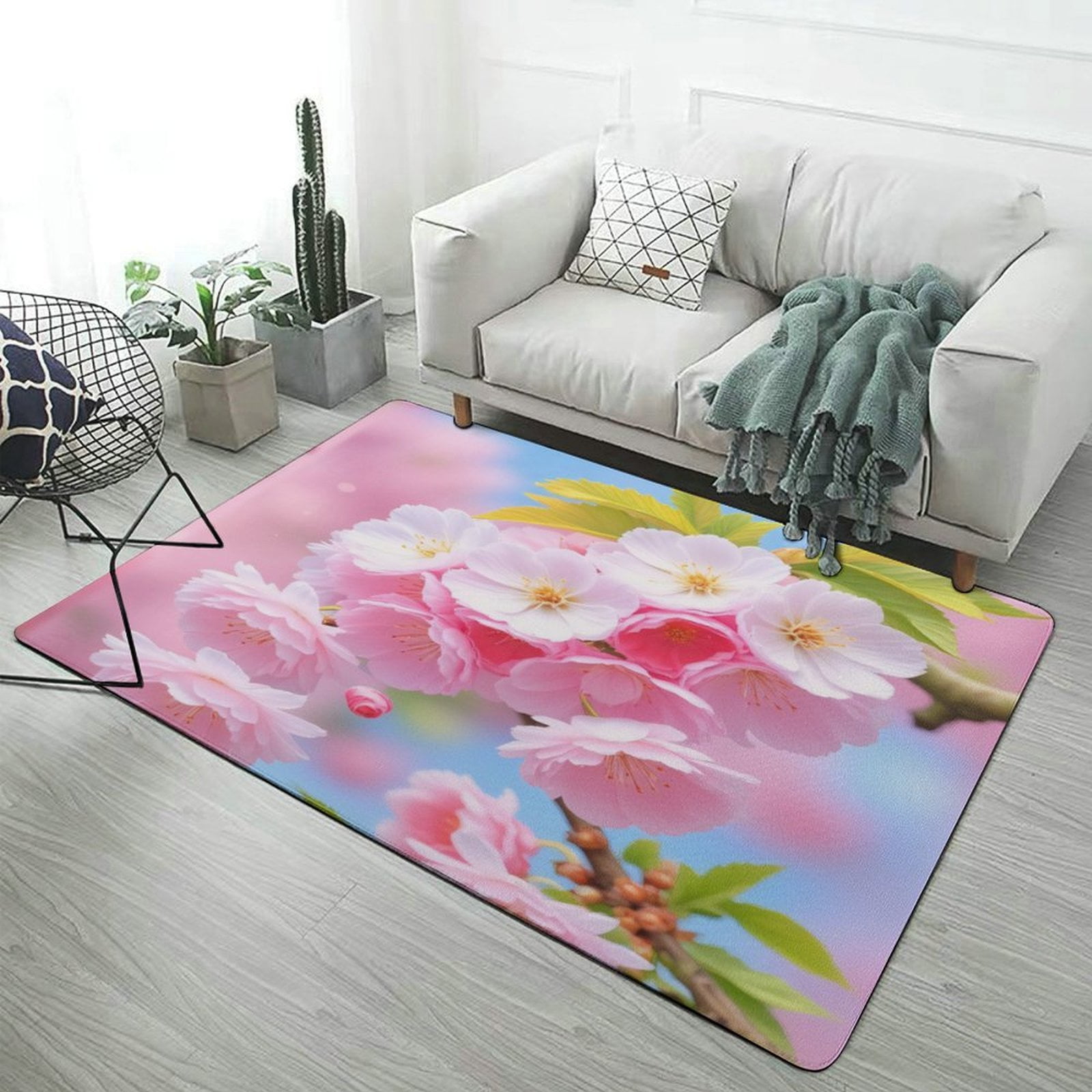 Pink Cherry Blossoms in Bloom Carpet Style Living Room Bedroom Rug Soft ...