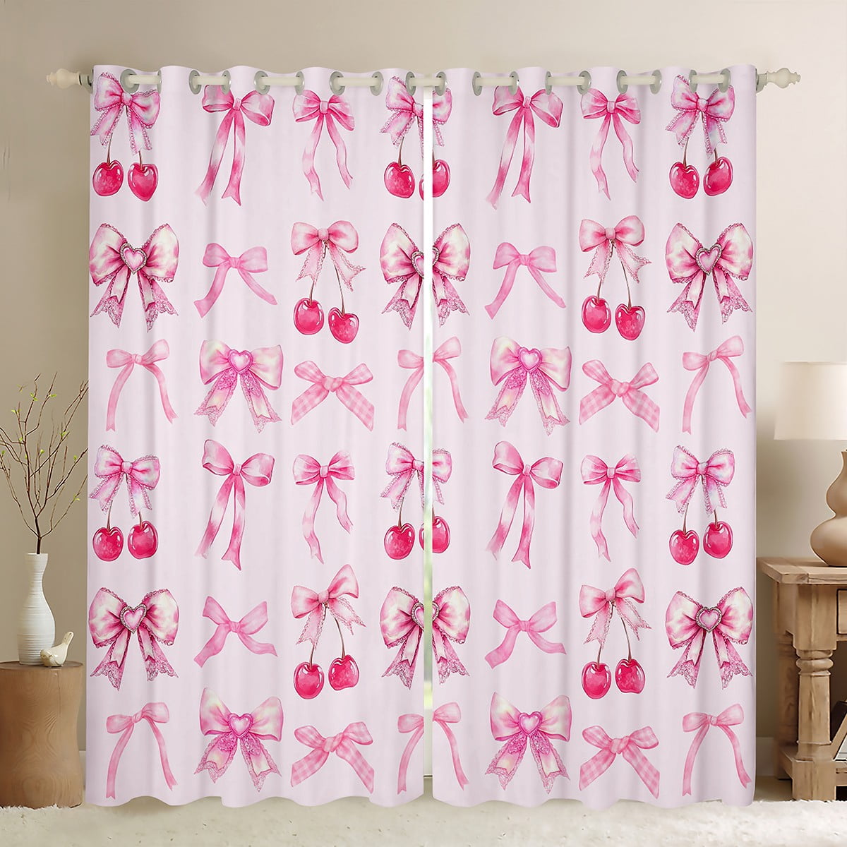 Pink Cherry Bow 30%-50% Blackout Curtains Cute Silk Ribbon Bowknot ...