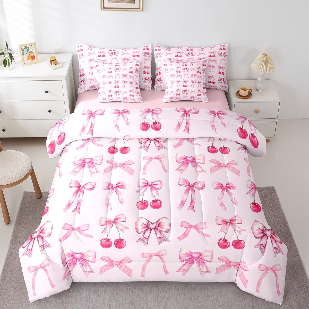 Pink Cherry Bow Comforter Set 7 Piece Bed in a Bag Twin,Cute Silk ...