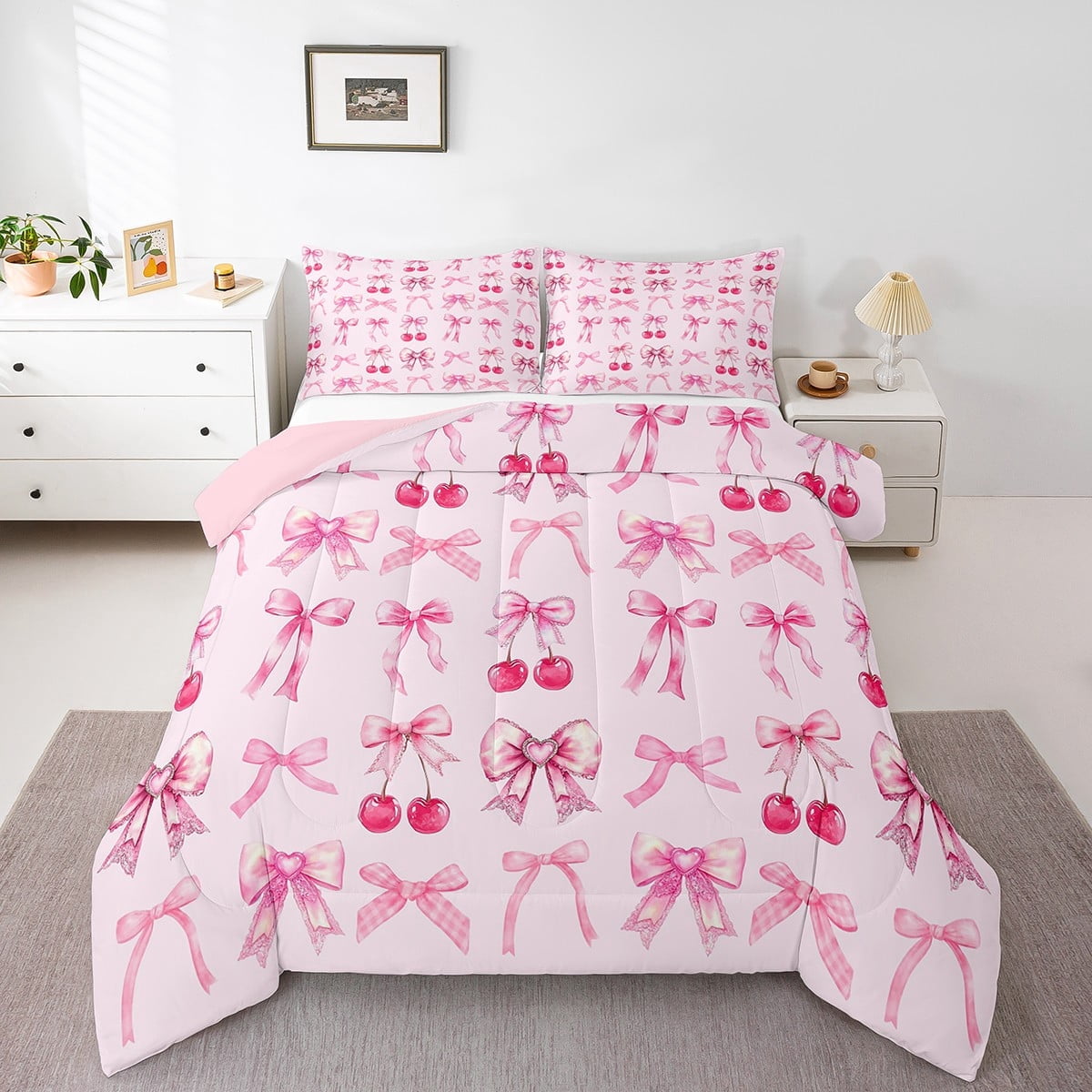 Pink Cherry Bow Comforter Set Cute Silk Ribbon Bowknot Twin Bedding ...