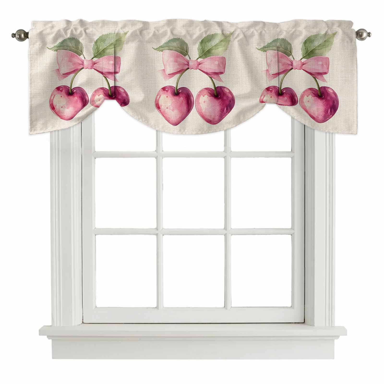 Pink Cherry Bow Tie Up Valance for Windows, Spring Sweet Heart-shaped ...