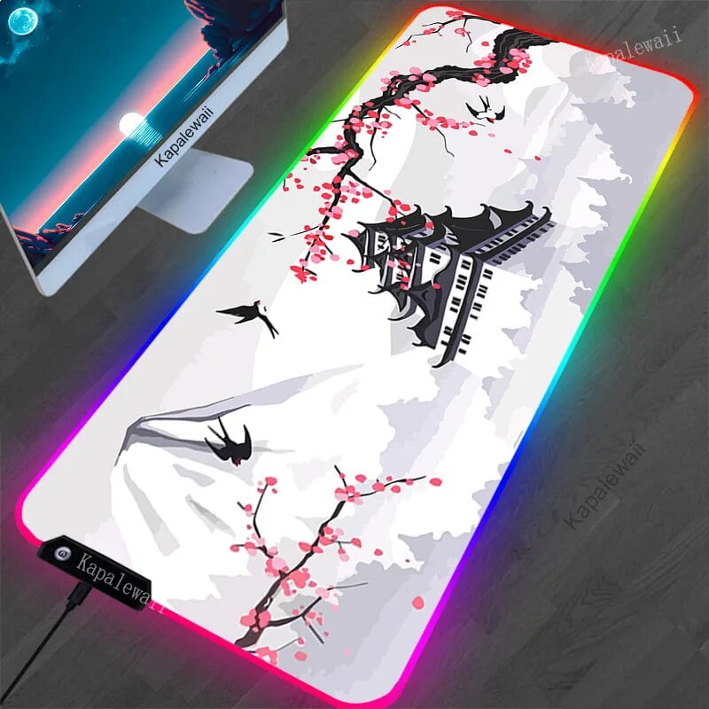 Pink Cherry Flower Gaming RGB Mouse Pad Gamer Computer Mousepad Backlit ...