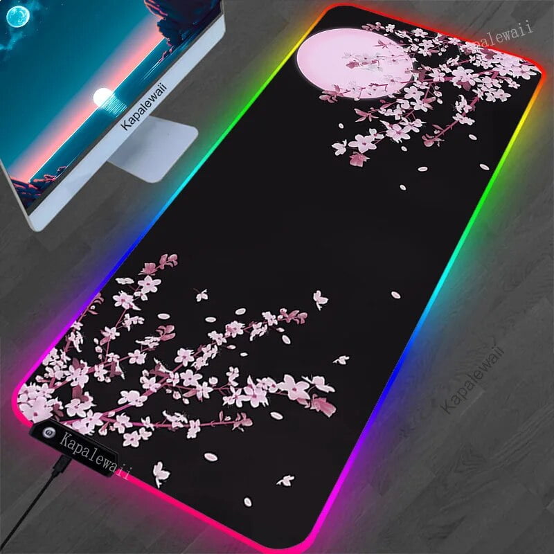 Pink Cherry Flower Gaming RGB Mouse Pad Gamer Computer Mousepad Backlit ...