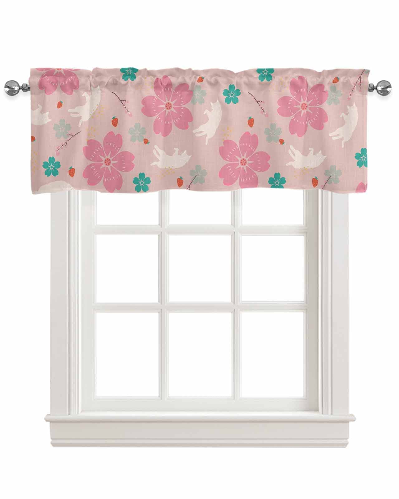 Pink Cherry Flowers Kitchen Valances for Windows Farmhouse Linen Window ...