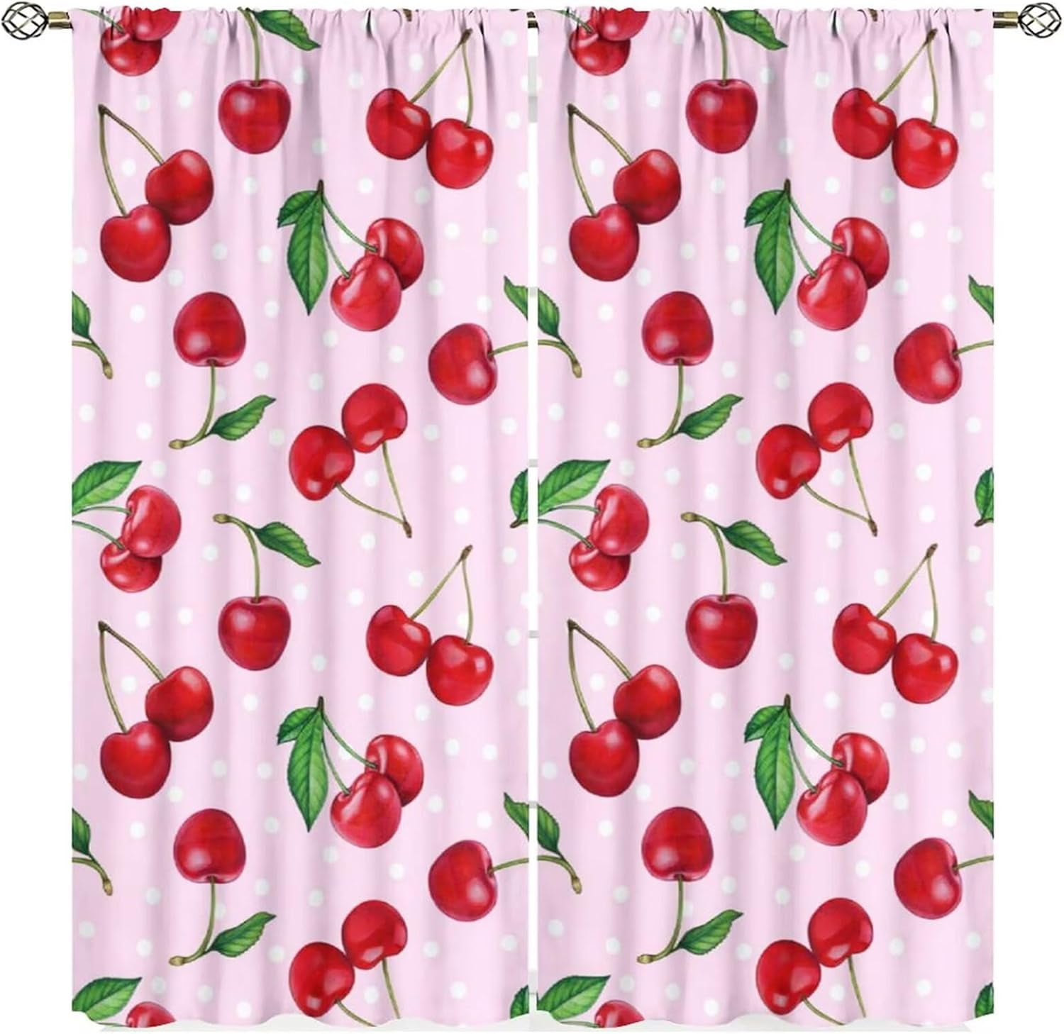 Pink Cherry Fruit Window Curtains, Red Tropical Summer Fruit Floral Print Window Drapes for ...