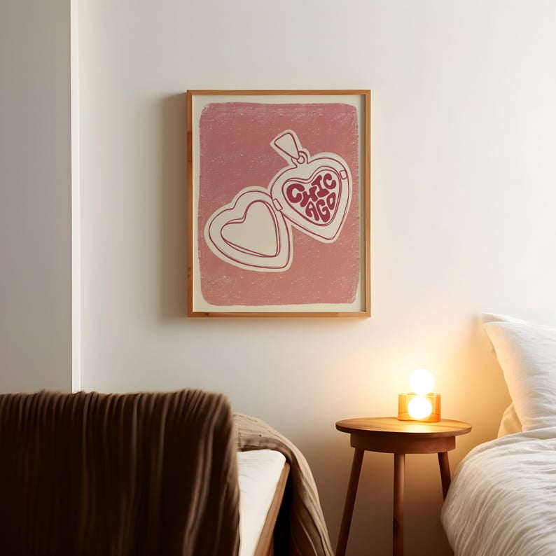 Pink Chicago Locket Art Print, Chicago Wall Art Girly, Heart Locket ...