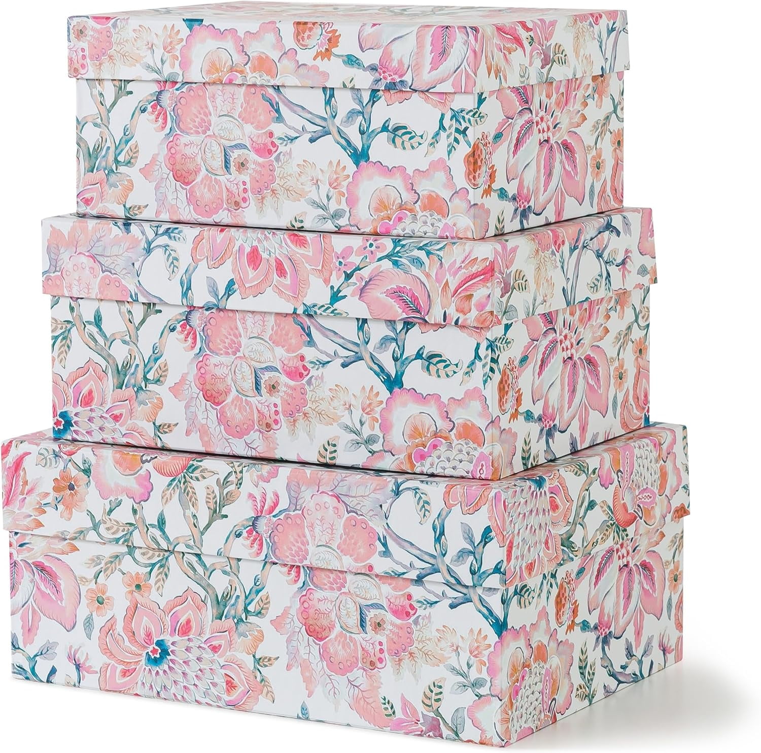 Pink Chinoiserie Decorative Storage Boxes with Hinged Lids - Set of 3 ...
