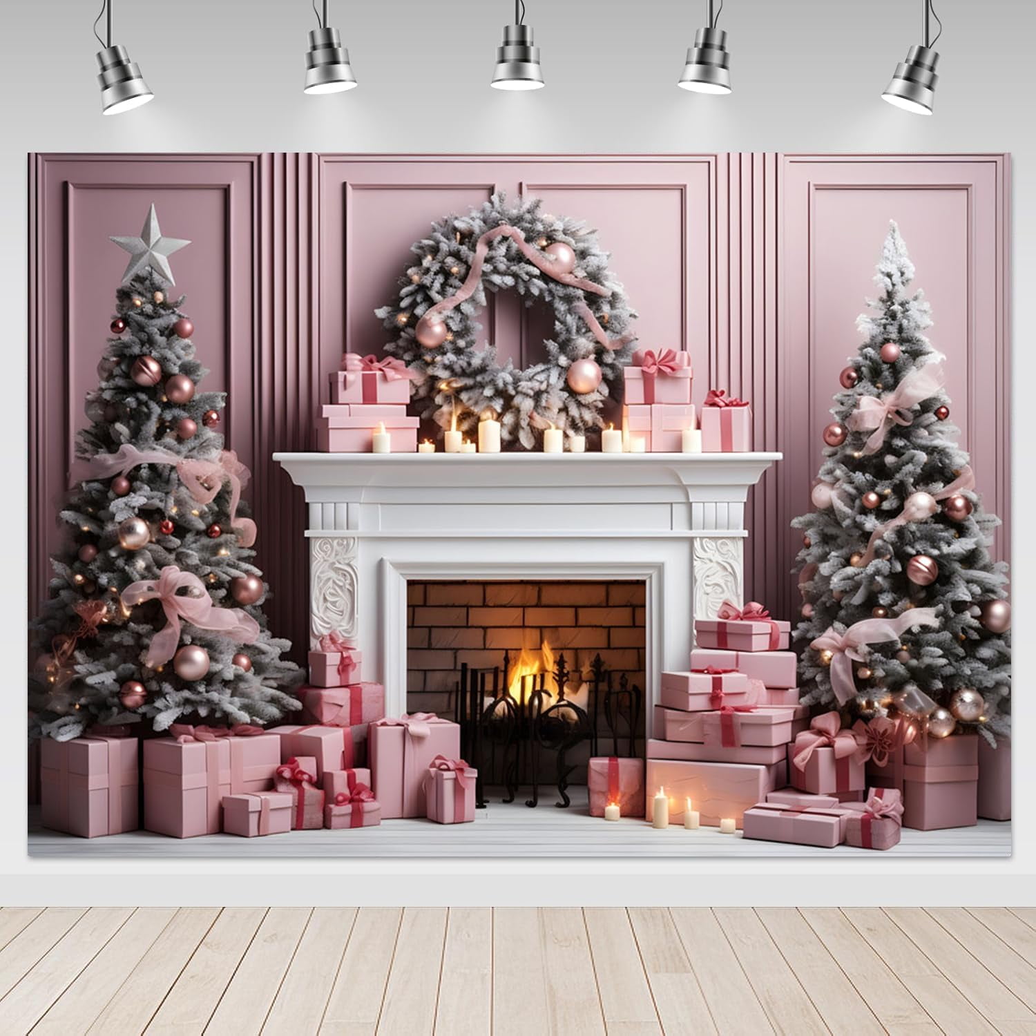 Pink Christmas Backdrop Pink White Fireplace Christmas Tree Photography ...