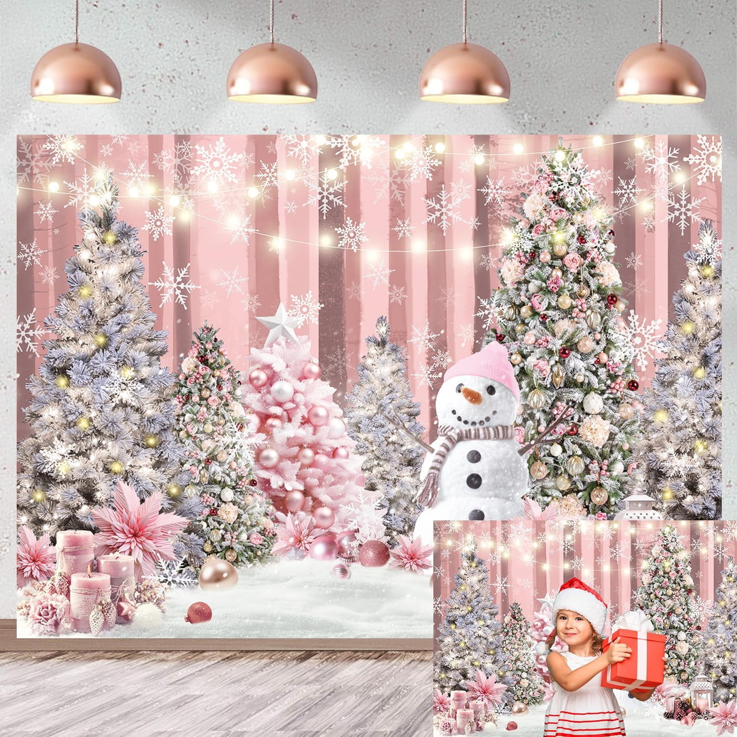 Pink Christmas Backdrop Winter Snowflake Xmas Tree Snowman Scene ...