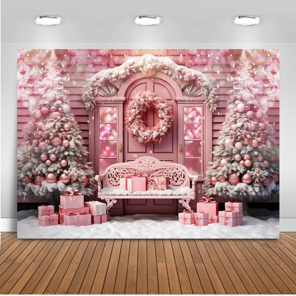 Pink Christmas Backdrop for Photography Pink Christmas Trees and Window ...