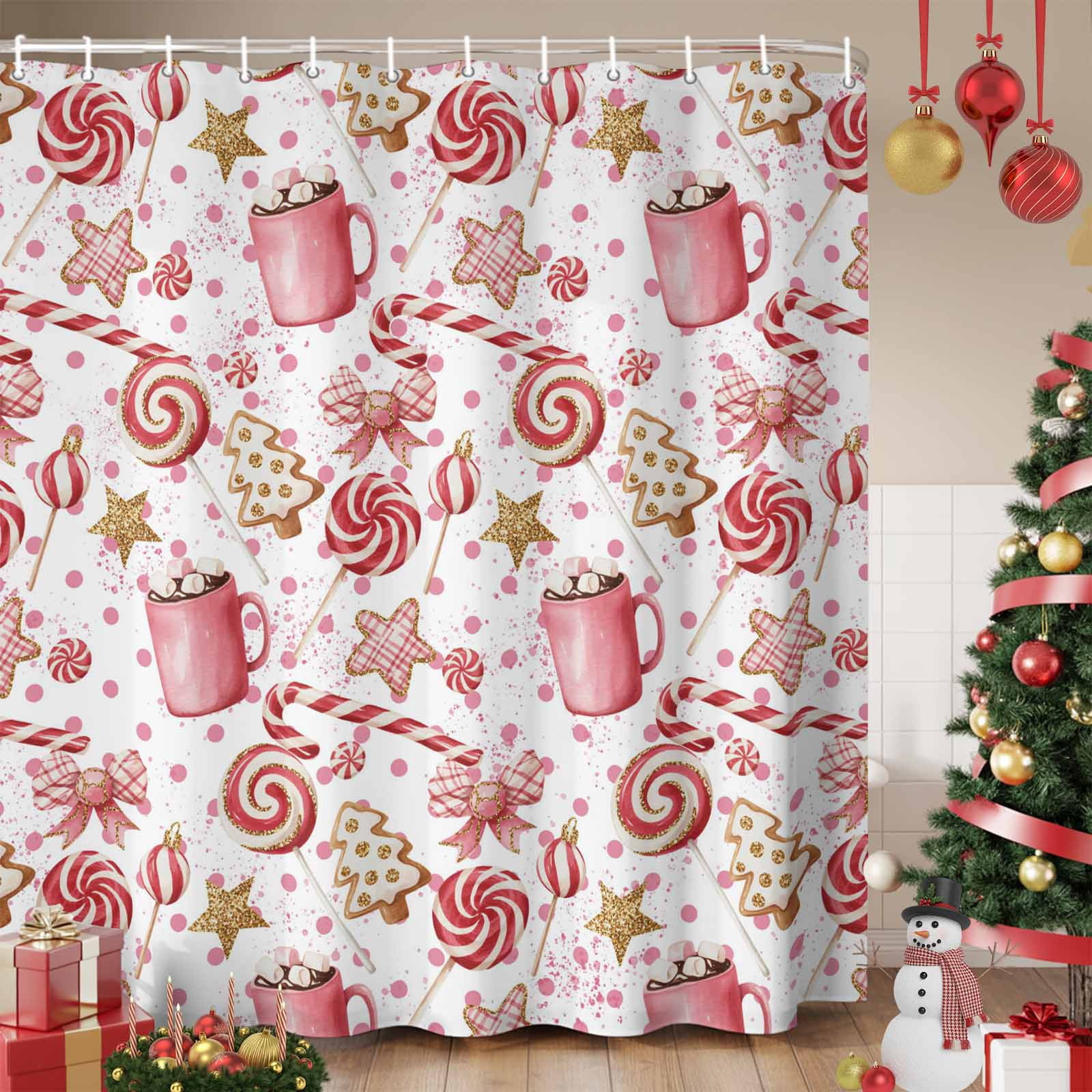 Pink Christmas Candy Shower Curtain, Xmas Tree Cane Cute Bow Waterproof ...