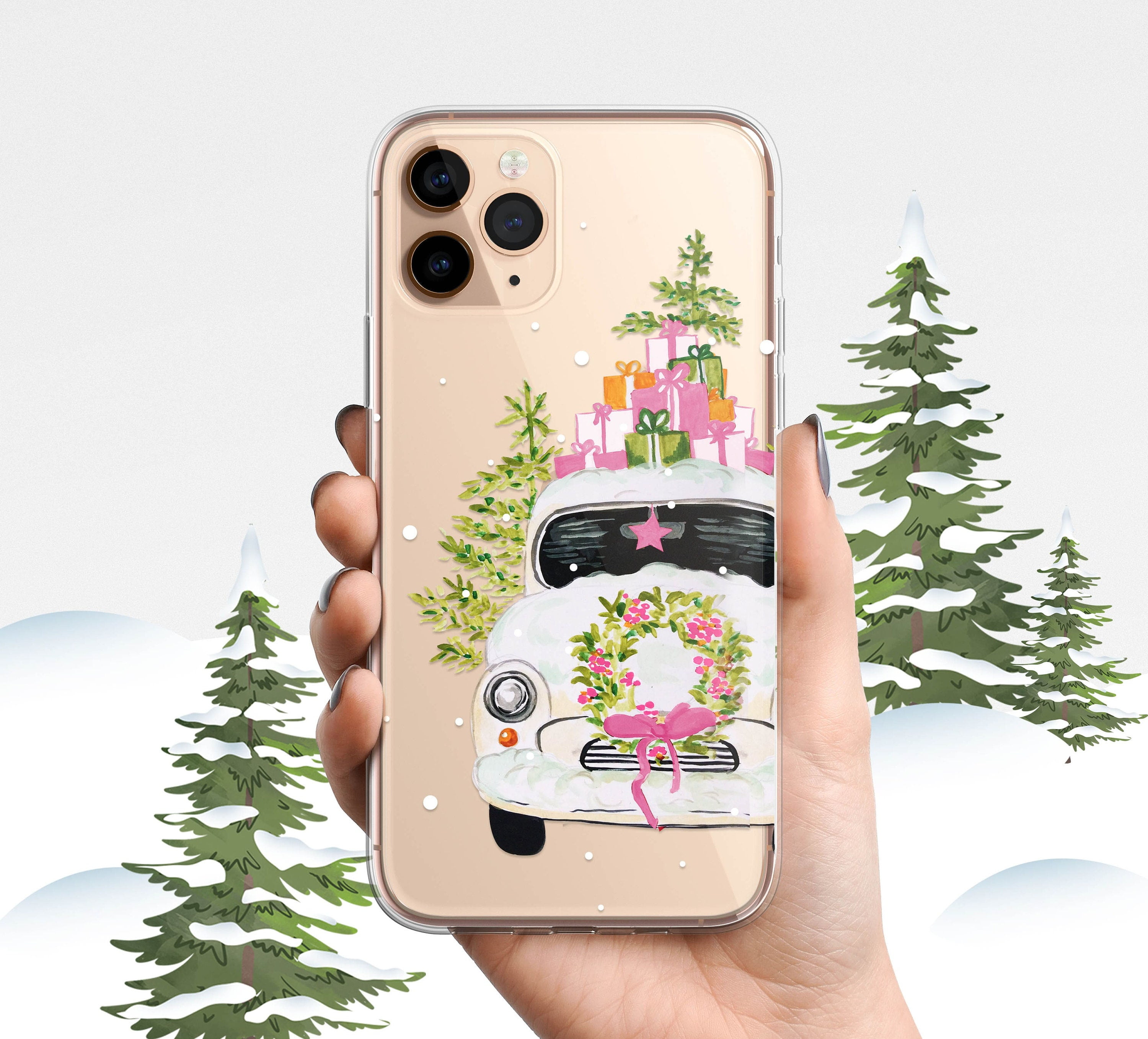Pink Christmas Car Tree Winter Clear Phone Case with iPhone 17 through ...