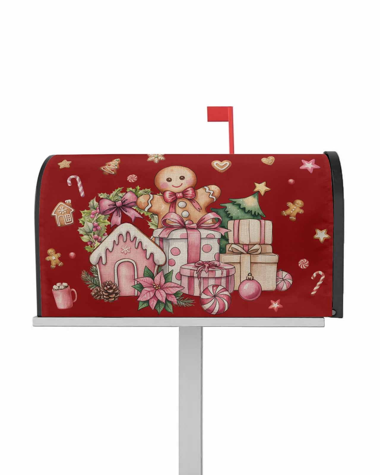 Pink Christmas Gift Mailbox Cover, Ginger Bread Man Xmas Tree Red ...