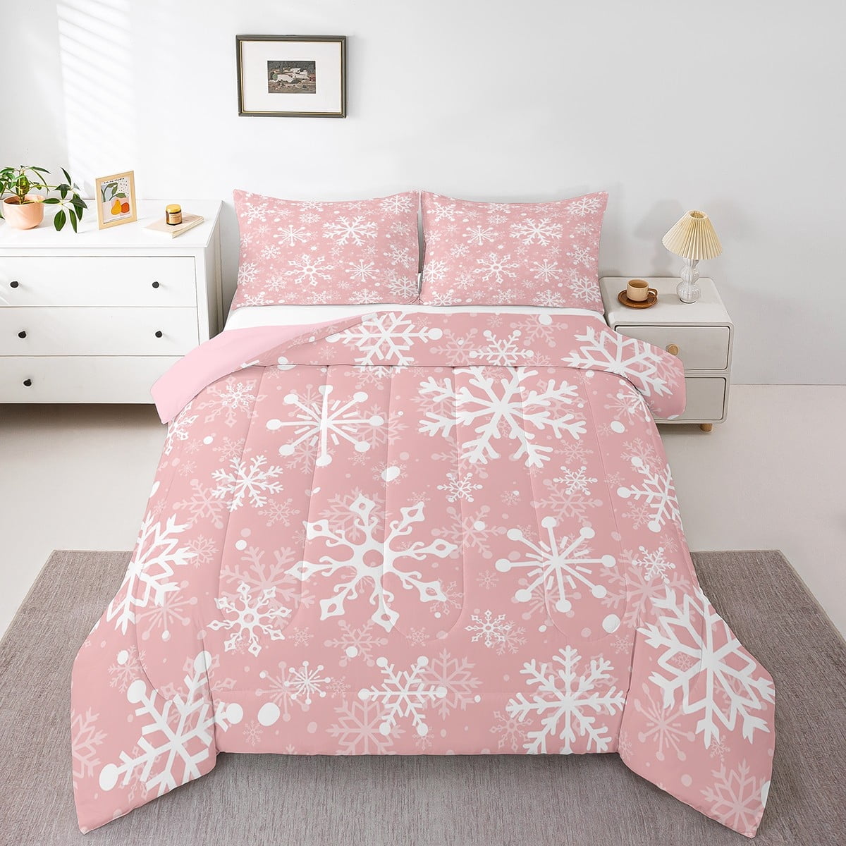 Pink Christmas King Comforter Set Women,Girly Romantic Snowflake ...