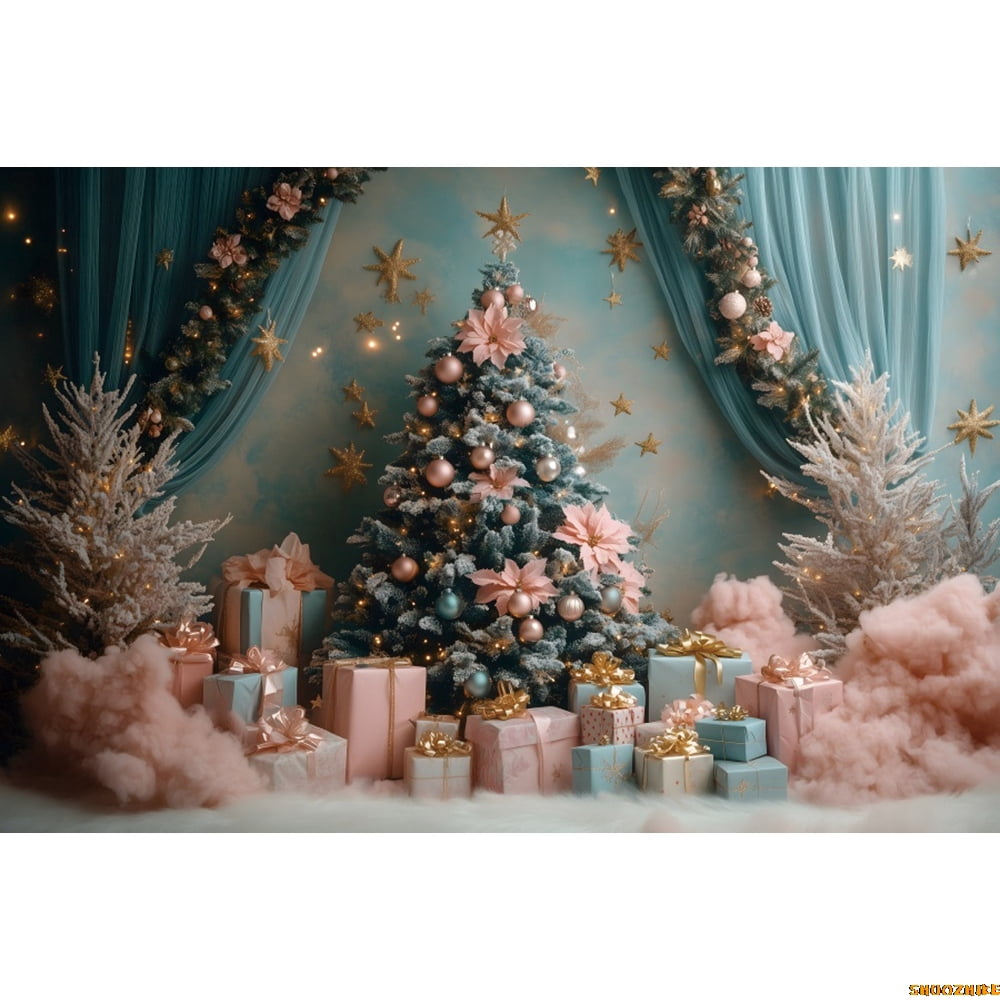 Pink Christmas Party Background Baby Gifts Bells Fireplace Xmas Tree ...