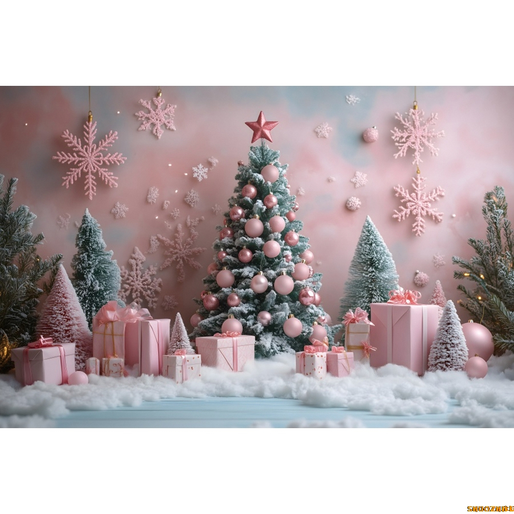 Pink Christmas Party Background Baby Gifts Bells Fireplace Xmas Tree ...