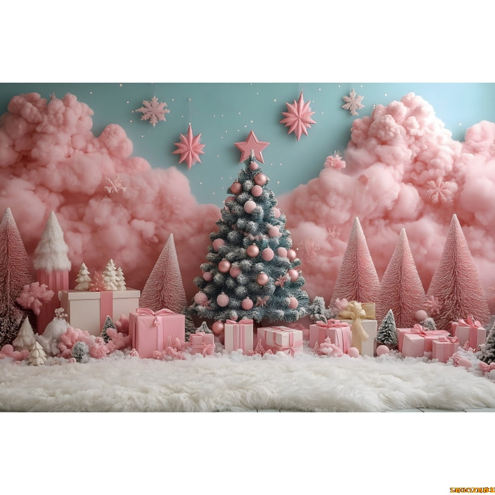Pink Christmas Party Background Baby Gifts Bells Fireplace Xmas Tree ...