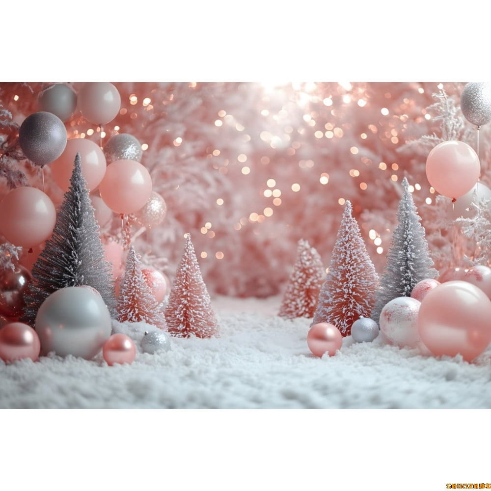 Pink Christmas Party Background Baby Gifts Bells Fireplace Xmas Tree ...