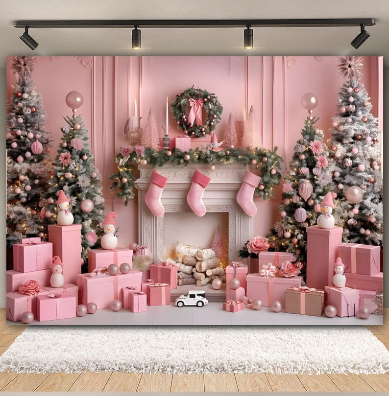 Pink Christmas Photography Backdrop Fireplace Gift Christmas Tree ...