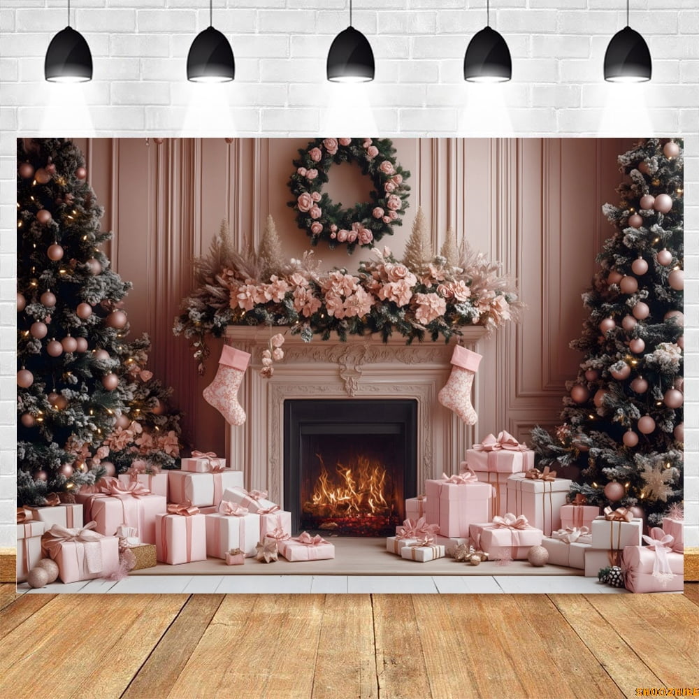 Pink Christmas Photography Backdrop Xmas Tree Fireplace Gifts Box Baby ...