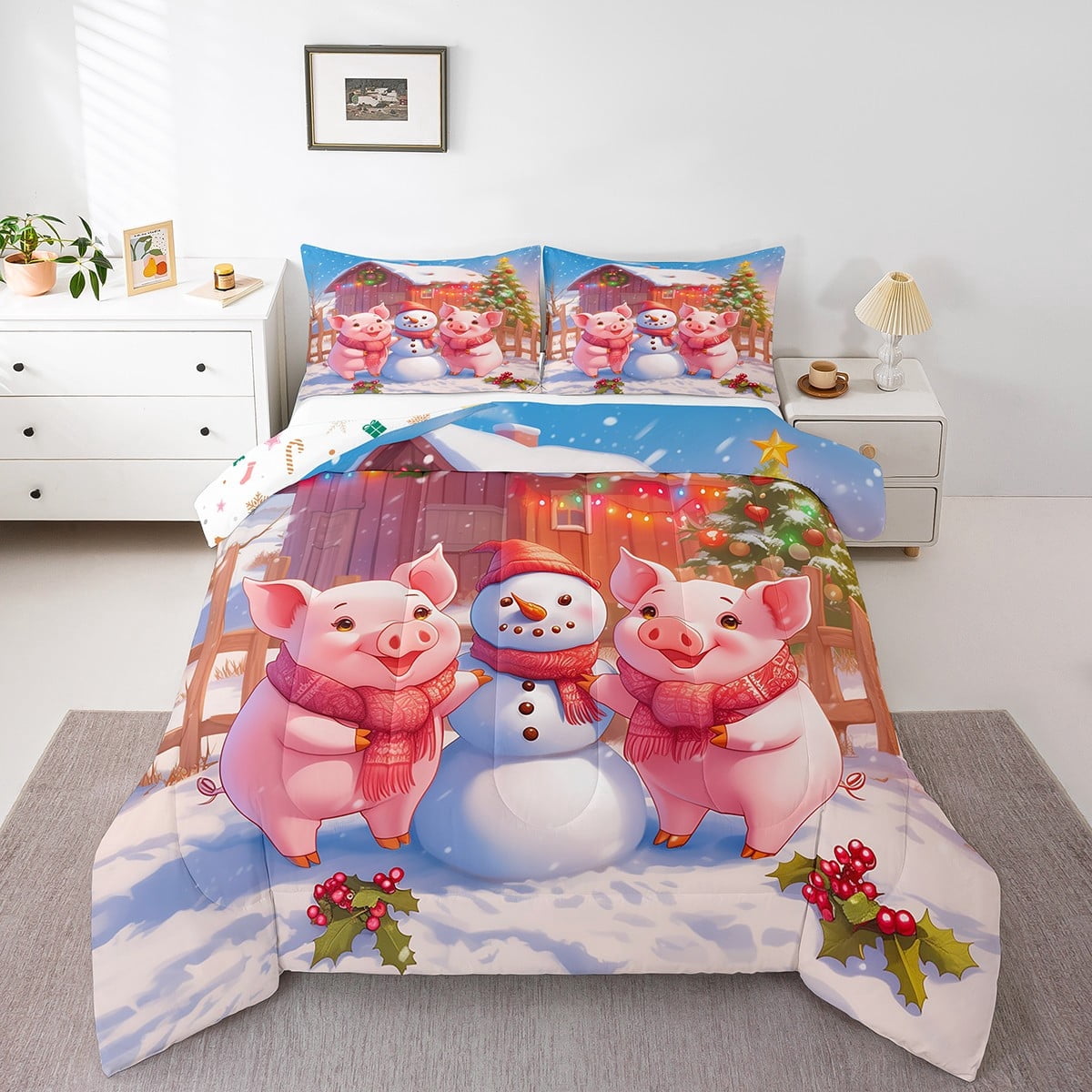Pink Christmas Pig Bedding Set Cute Cartoon Snowman Bedding Comforter ...
