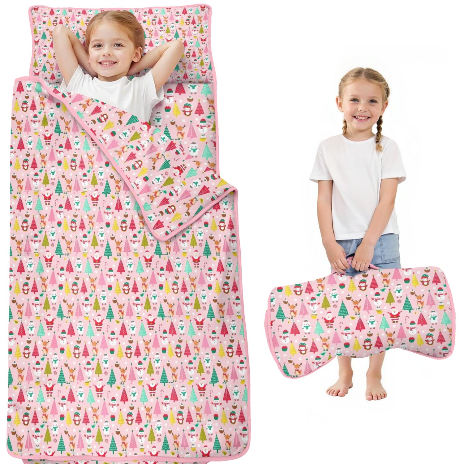 Pink Christmas Santa and Tree Pattern Toddler Nap Mats for Kids ...