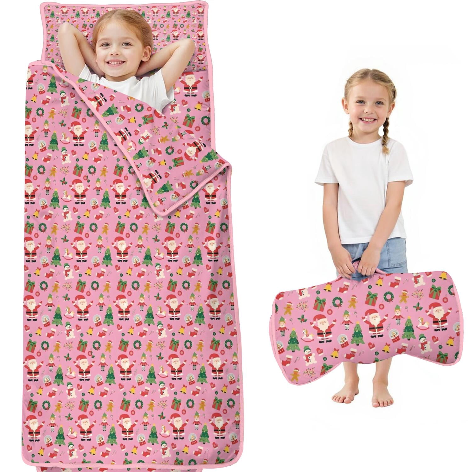 Pink Christmas Santa and Tree Pattern Toddler Nap Mats for Kids ...