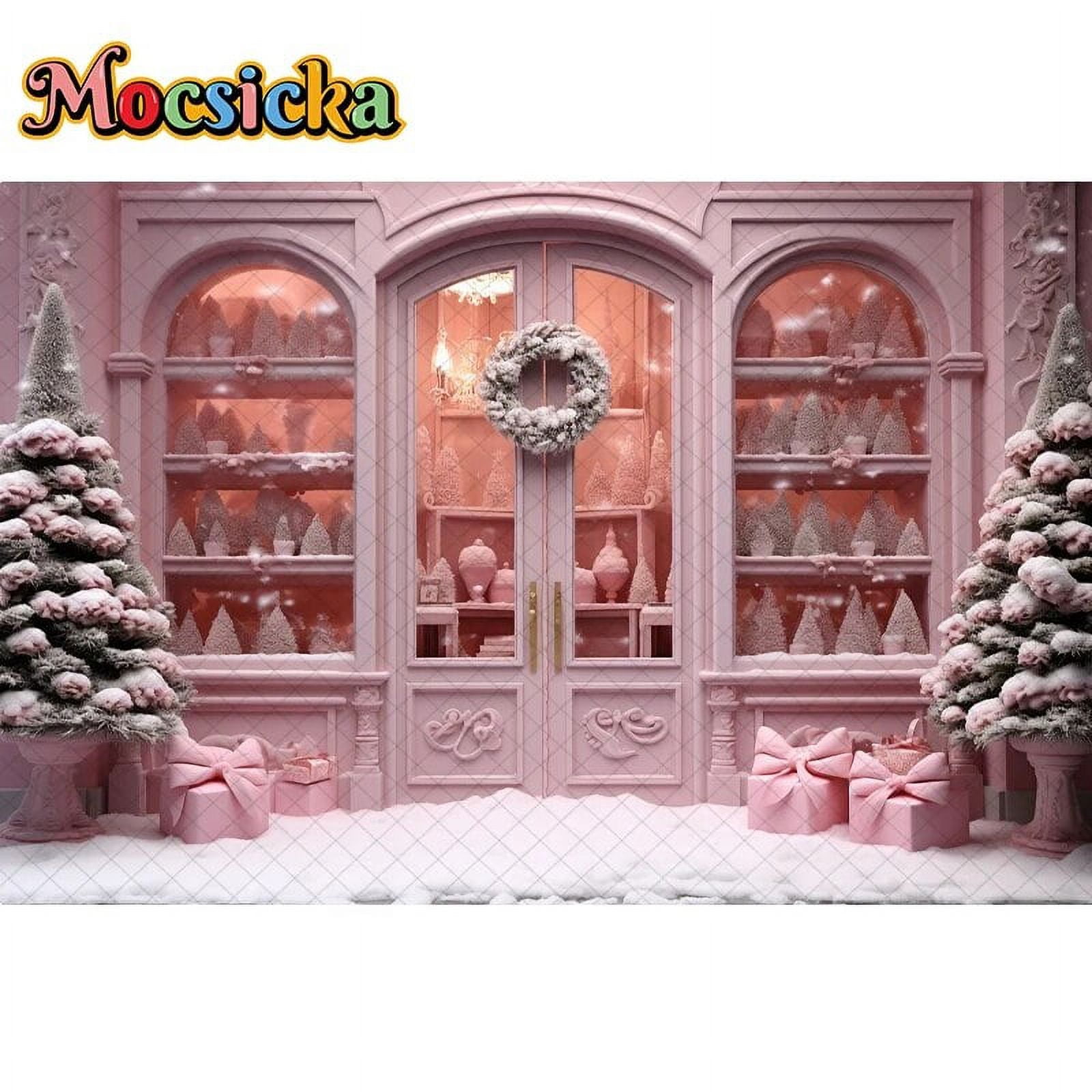 Pink Christmas Shop Backdrops Winter Xmas Tree Wreath Holiday Decor ...