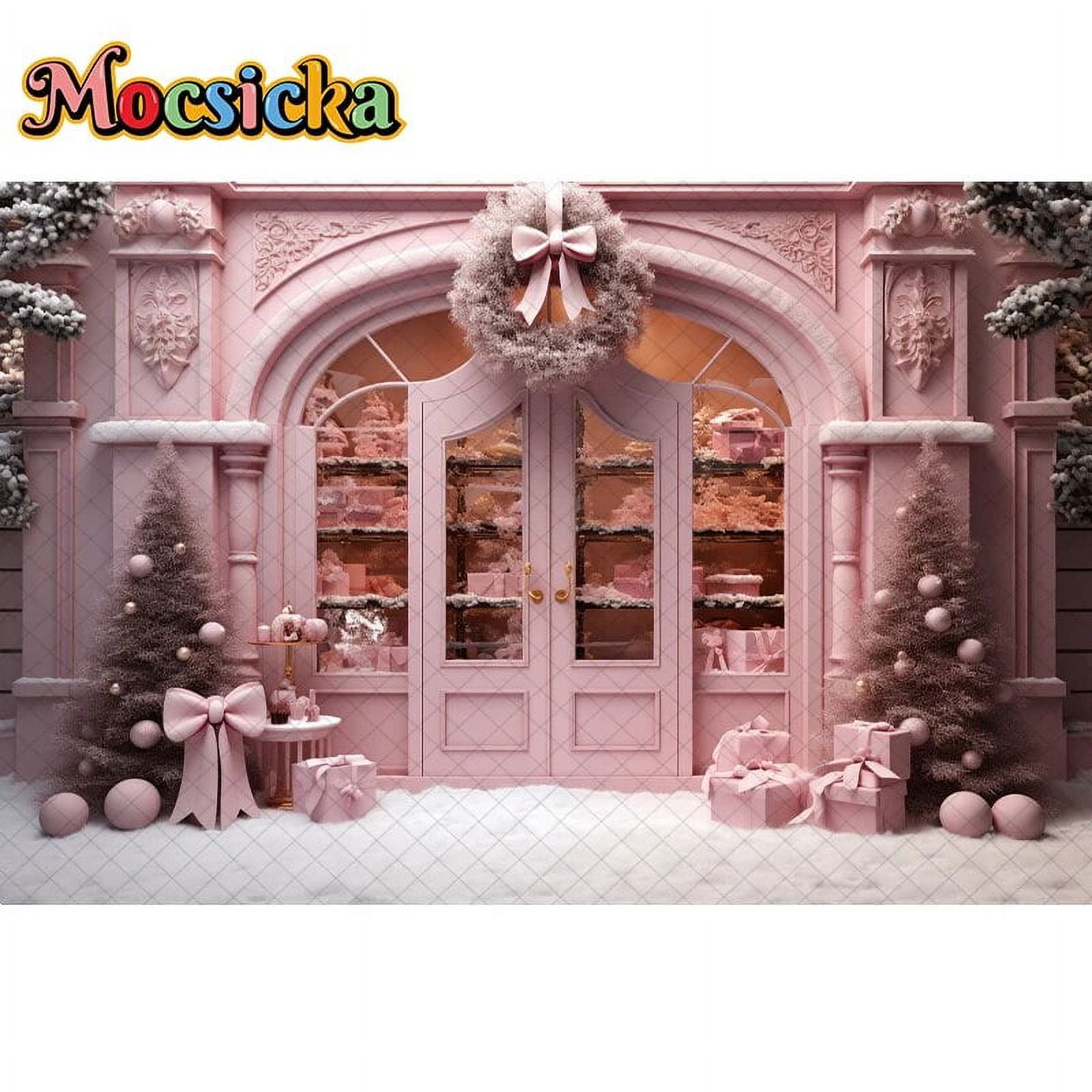 Pink Christmas Shop Backdrops Winter Xmas Tree Wreath Holiday Decor ...