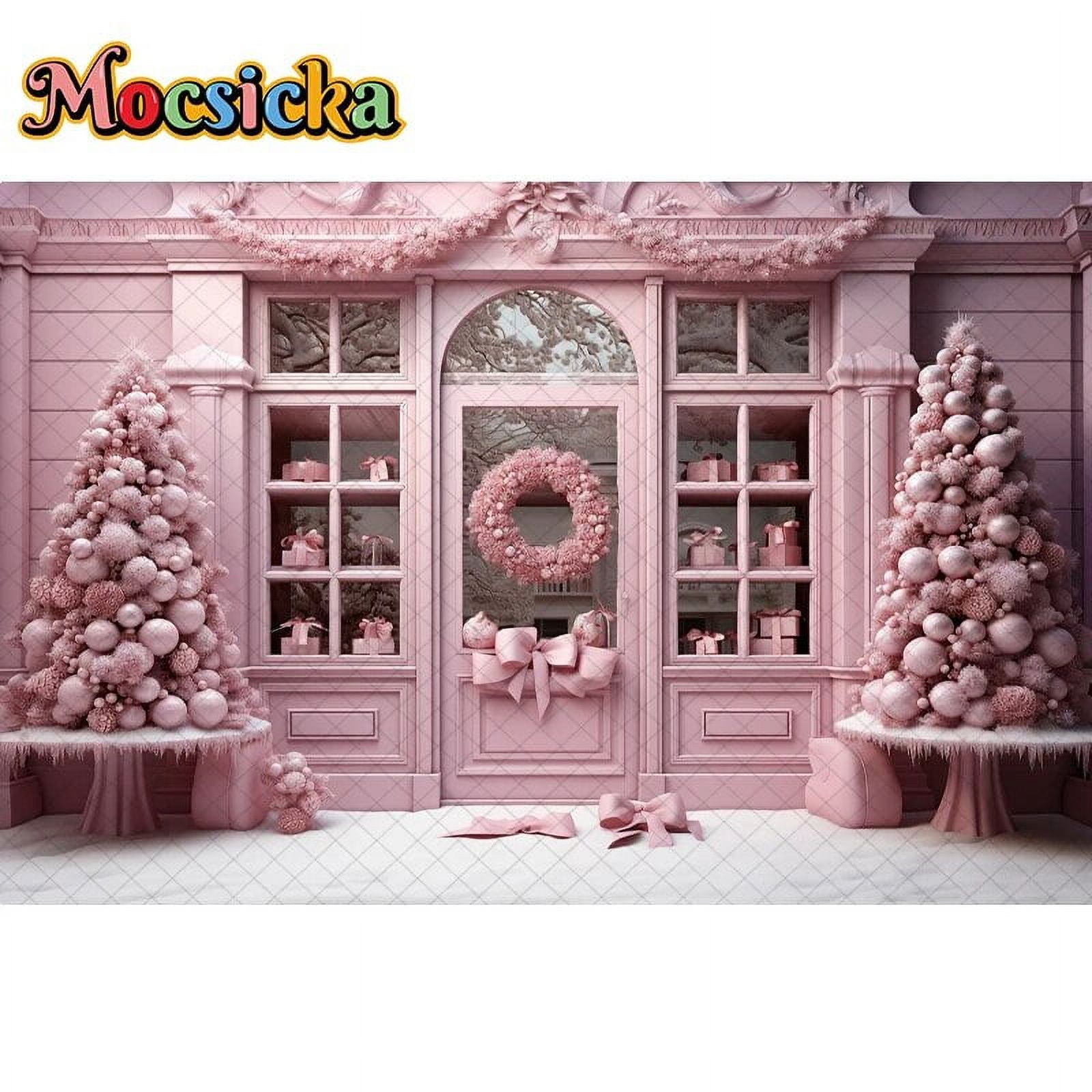 Pink Christmas Shop Backdrops Winter Xmas Tree Wreath Holiday Decor ...