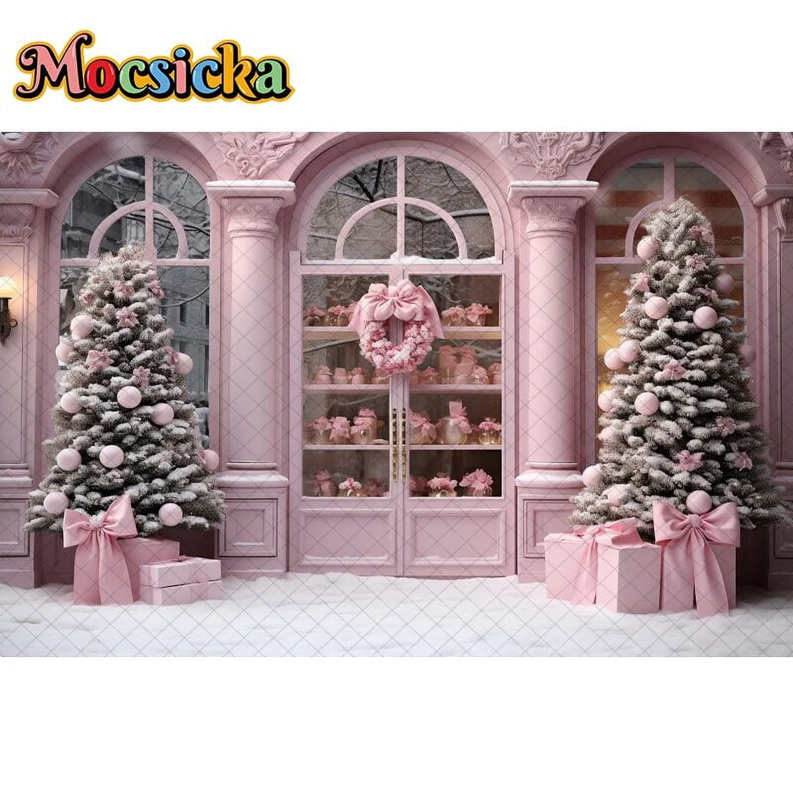 Pink Christmas Shop Backdrops Winter Xmas Tree Wreath Holiday Decor ...
