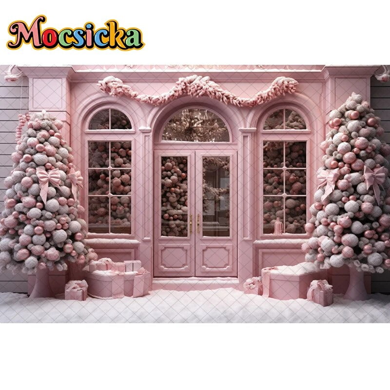 Pink Christmas Shop Backdrops Winter Xmas Tree Wreath Holiday Decor ...