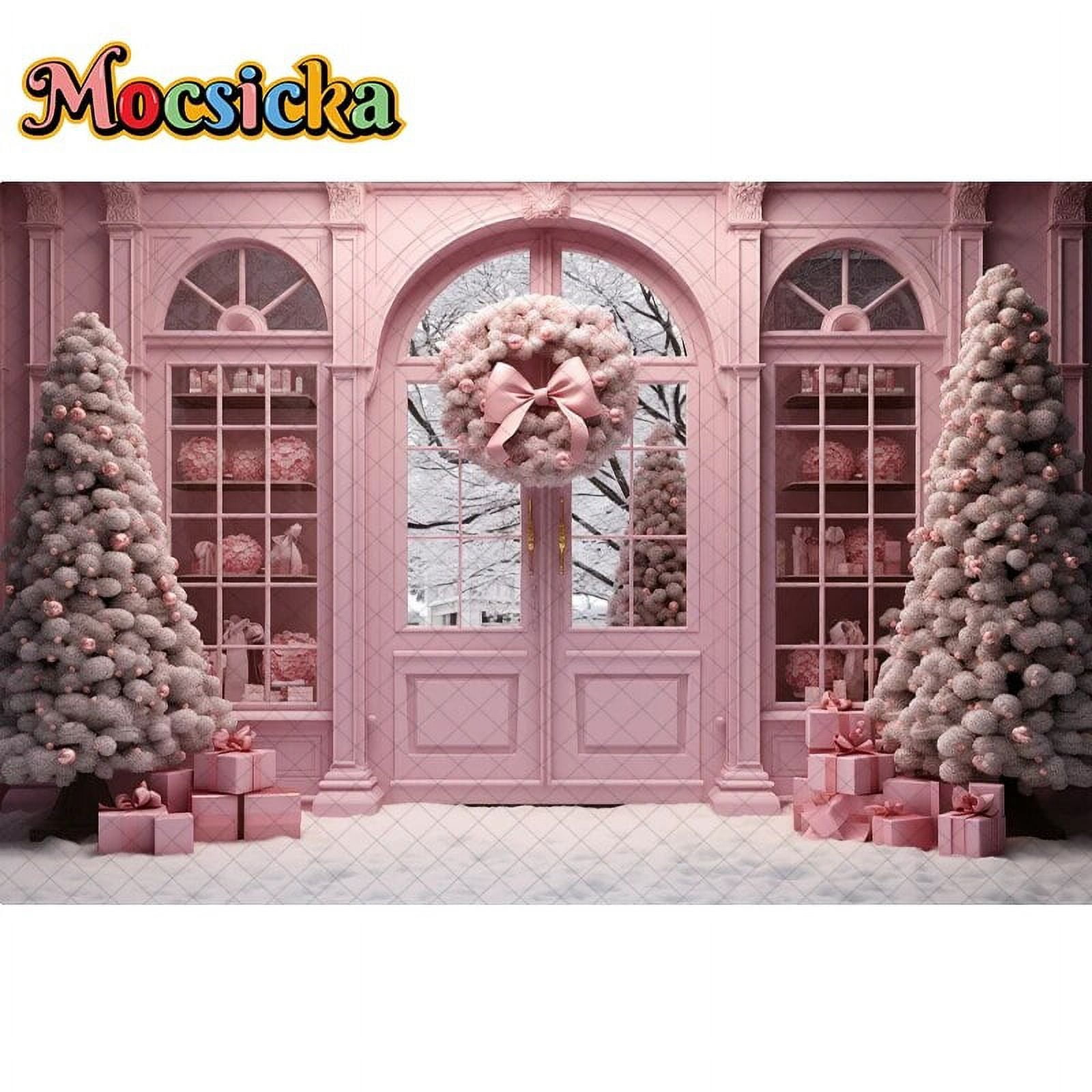 Pink Christmas Shop Backdrops Winter Xmas Tree Wreath Holiday Decor ...