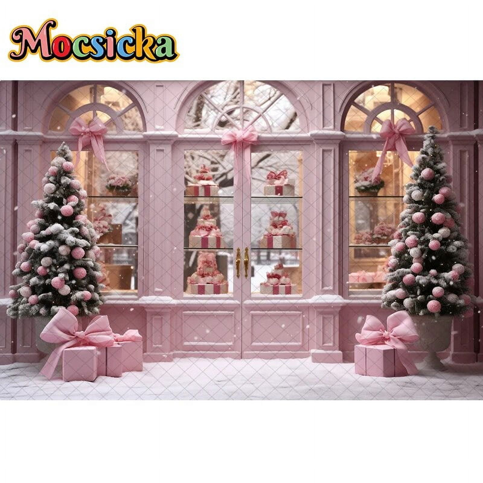 Pink Christmas Shop Backdrops Winter Xmas Tree Wreath Holiday Decor ...
