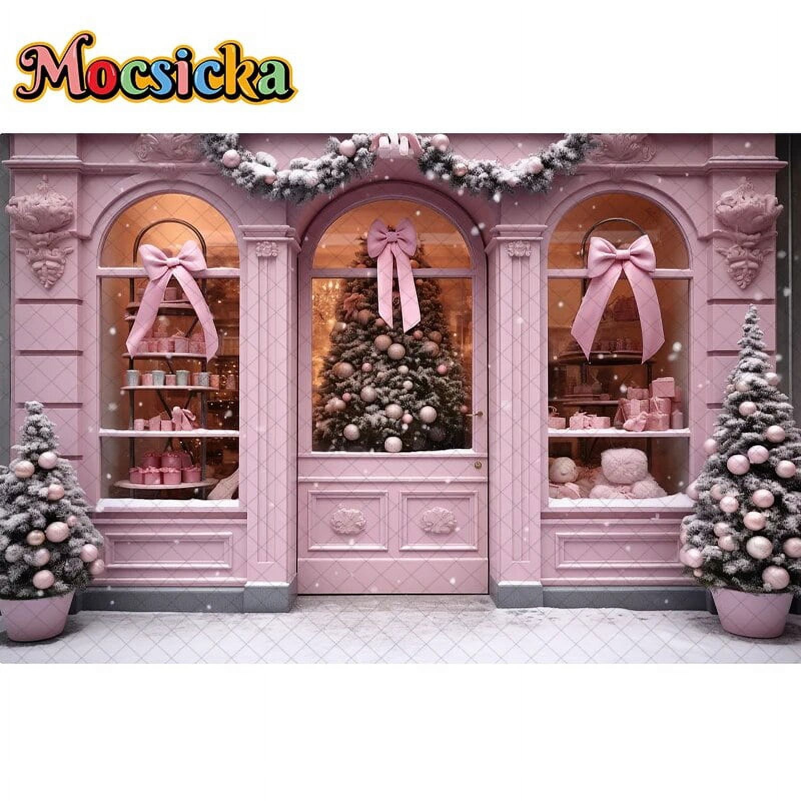 Pink Christmas Shop Backdrops Winter Xmas Tree Wreath Holiday Decor ...