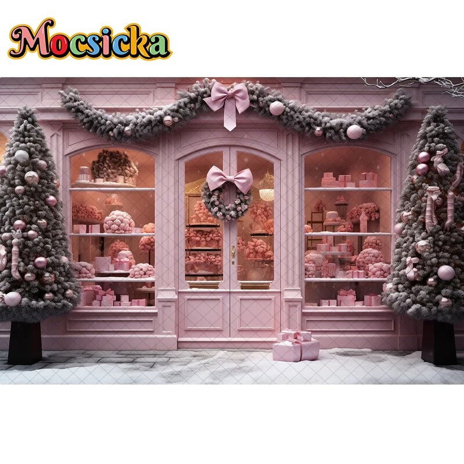 Pink Christmas Shop Backdrops Winter Xmas Tree Wreath Holiday Decor ...