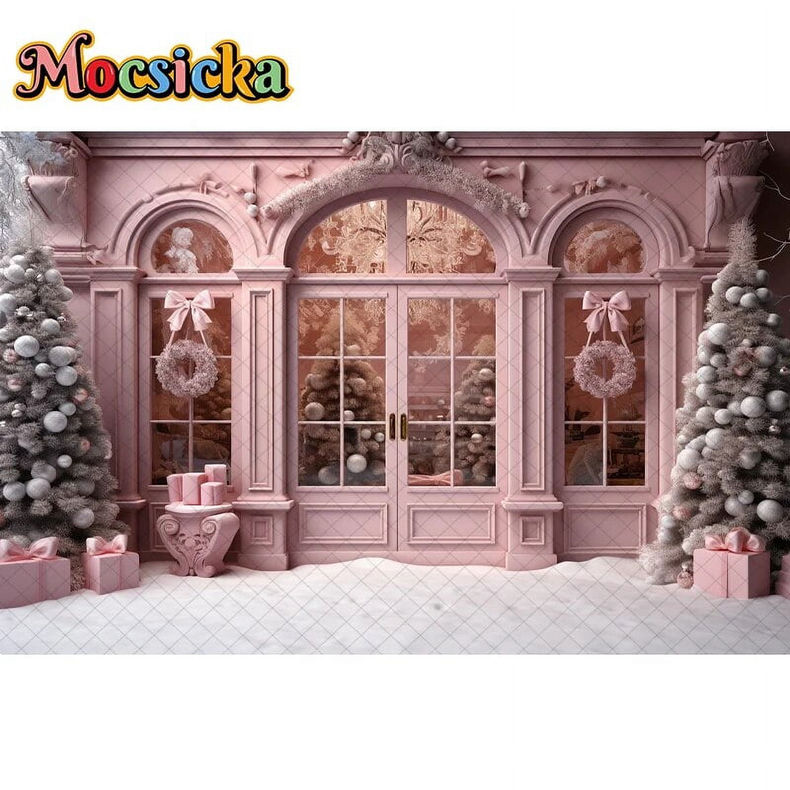 Pink Christmas Shop Backdrops Winter Xmas Tree Wreath Holiday Decor ...