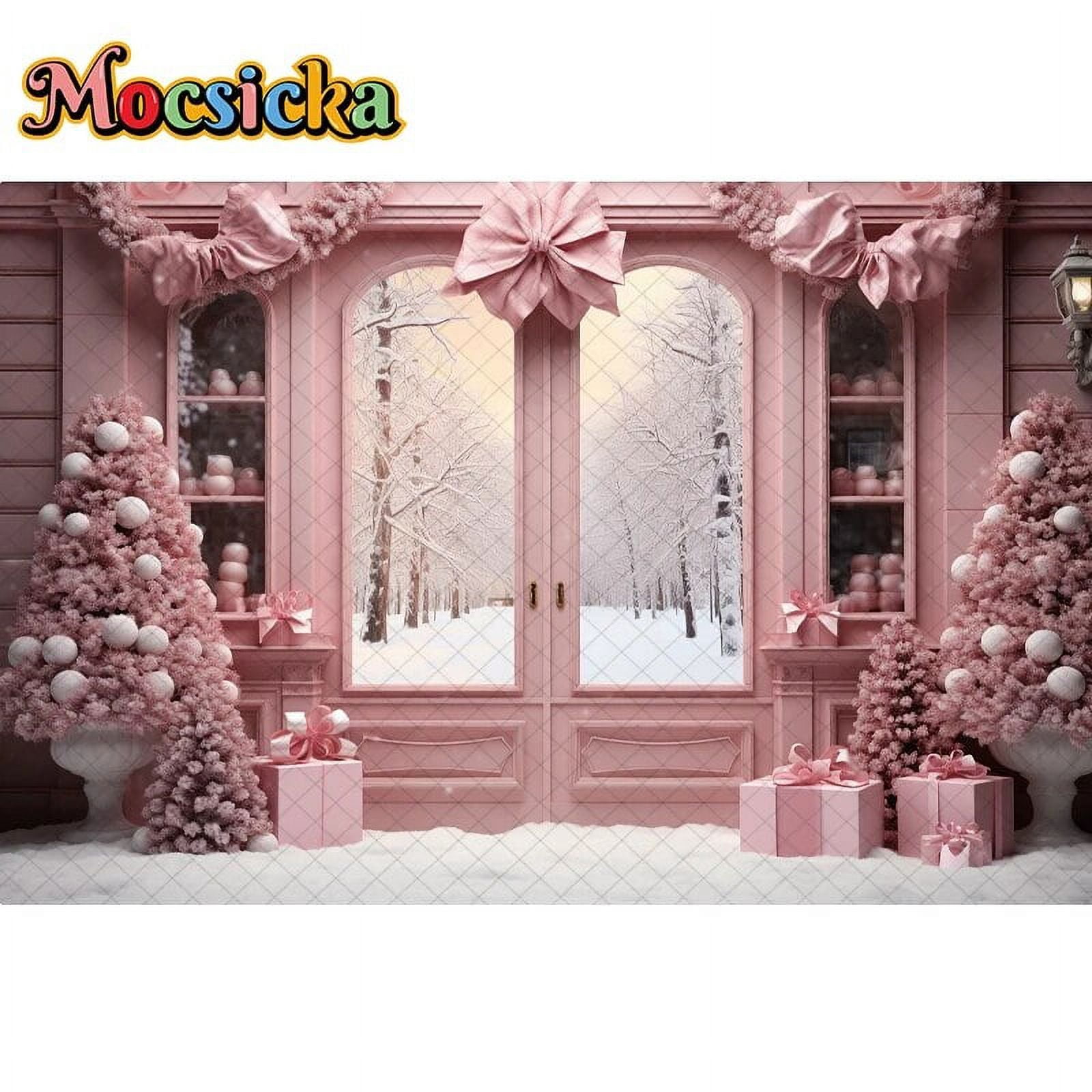 Pink Christmas Shop Backdrops Winter Xmas Tree Wreath Holiday Decor ...