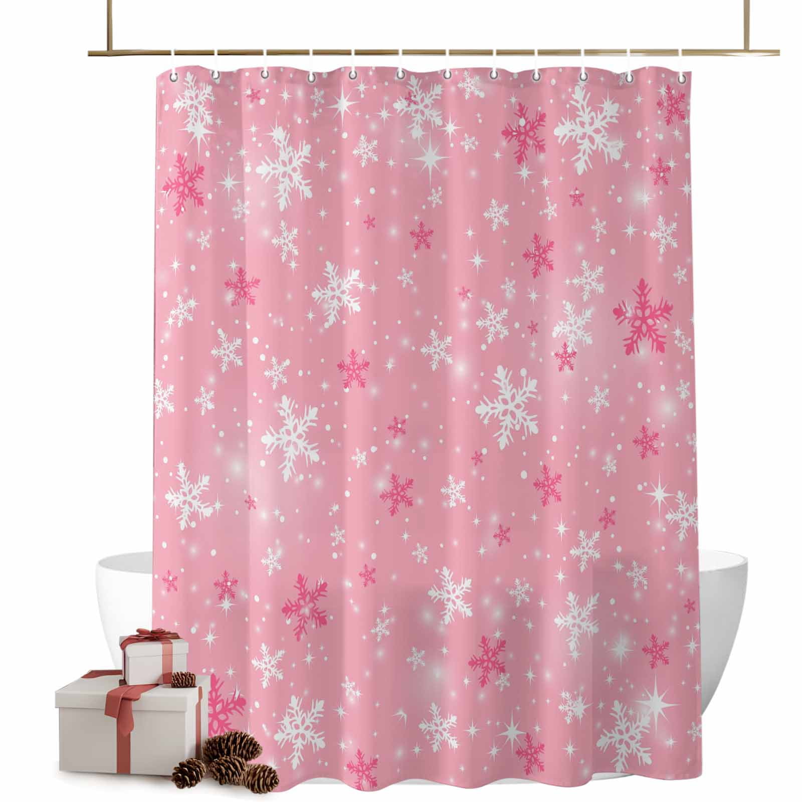 Pink Christmas Snowflakes Bathroom Shower Curtain Winter Snowfall Shiny ...