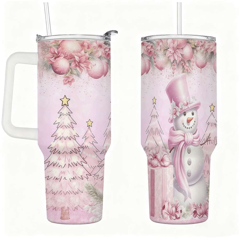 Pink Christmas Snowman Tumbler with Lid and Straw, Holiday Winter Gift ...