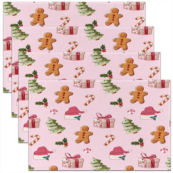 Pink Christmas Theme Placemats Set of 4 Xmas Tree Cute Gingerbread Man ...